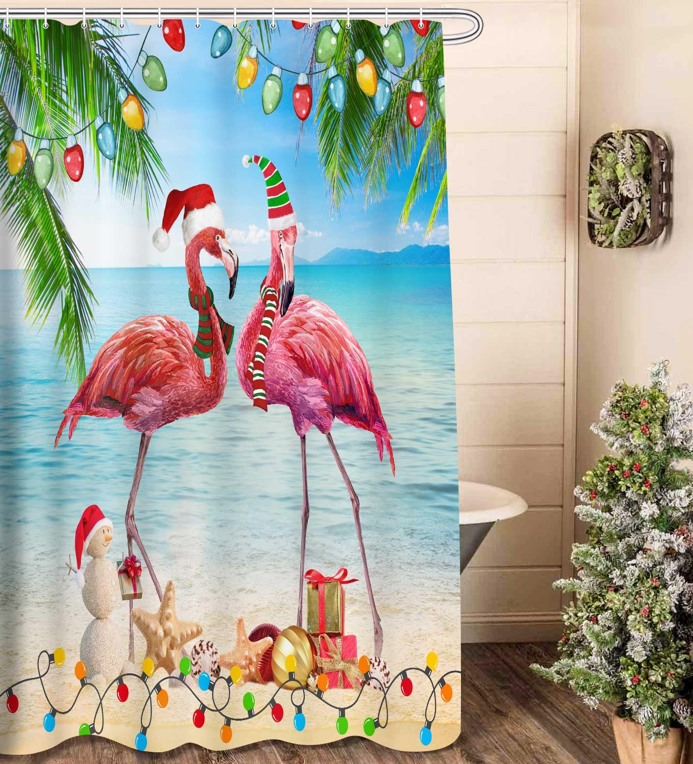 Christmas Shower Curtain, Bright Tropical Christmas Beach Red Flamingo Shower Curtain, Funny Xmas Holiday Shower Curtain, Vintage Merry Christmas Shower Curtain for Bathroom with 12PCS Hooks, 70X70IN