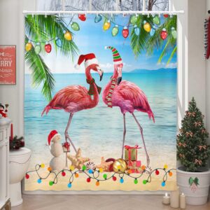 Christmas Shower Curtain, Bright Tropical Christmas Beach Red Flamingo Shower Curtain, Funny Xmas Holiday Shower Curtain, Vintage Merry Christmas Shower Curtain for Bathroom with 12PCS Hooks, 70X70IN