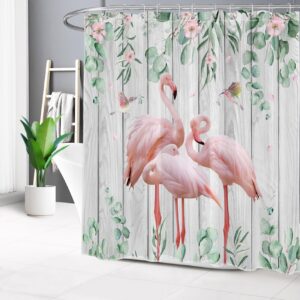 lb flamingo plant shower curtain pink flamingo floral with eucalyptus leaves on grey board shower curtain hummingbird bathroom decor with hooks 78lx72w inch waterproof polyester bath curtain