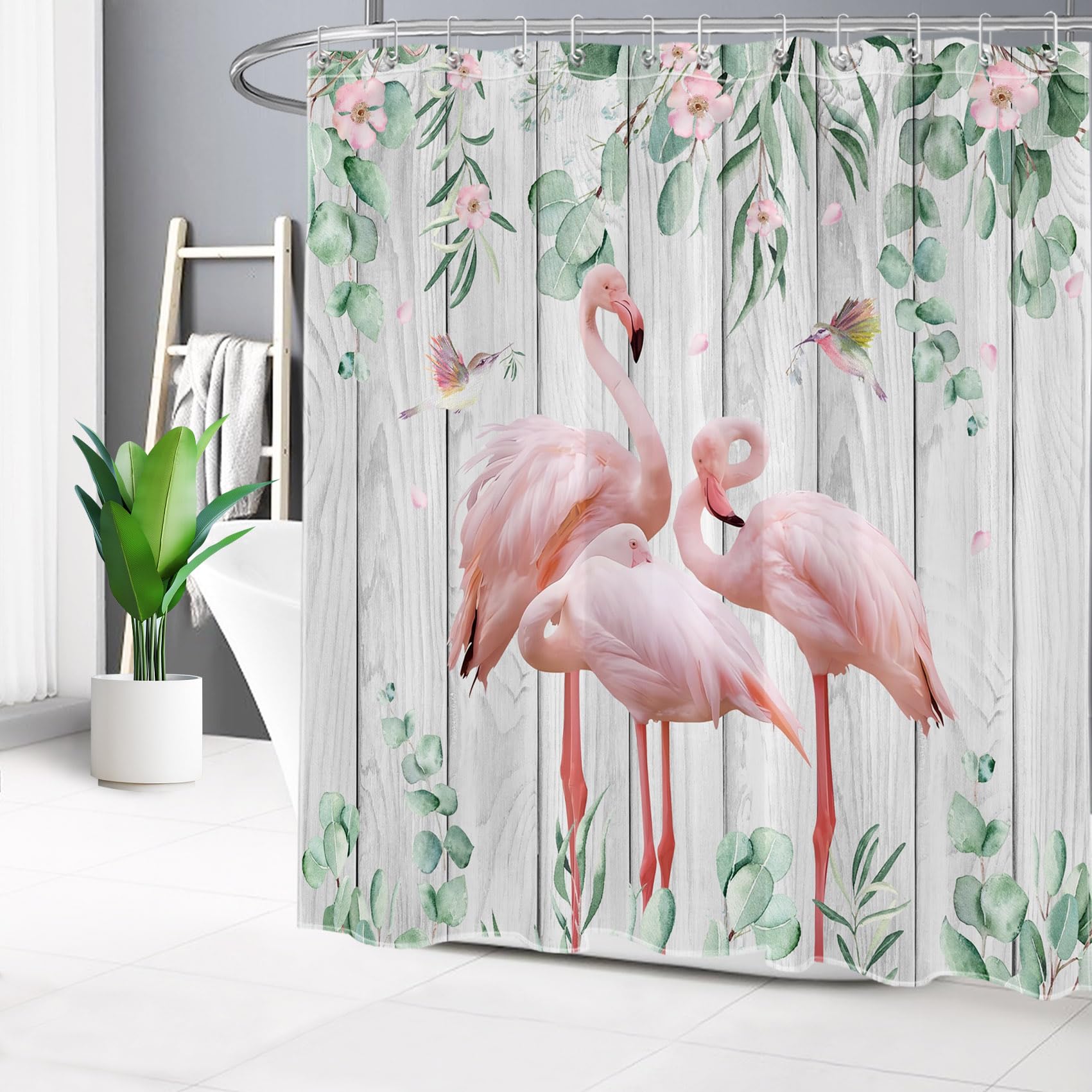 LB Flamingo Plant Shower Curtain Pink Flamingo Floral with Eucalyptus Leaves on Grey Board Shower Curtain Hummingbird Bathroom Decor with Hooks 78Lx72W Inch Waterproof Polyester Bath Curtain