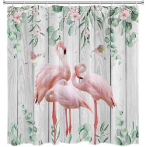 LB Flamingo Plant Shower Curtain Pink Flamingo Floral with Eucalyptus Leaves on Grey Board Shower Curtain Hummingbird Bathroom Decor with Hooks 78Lx72W Inch Waterproof Polyester Bath Curtain