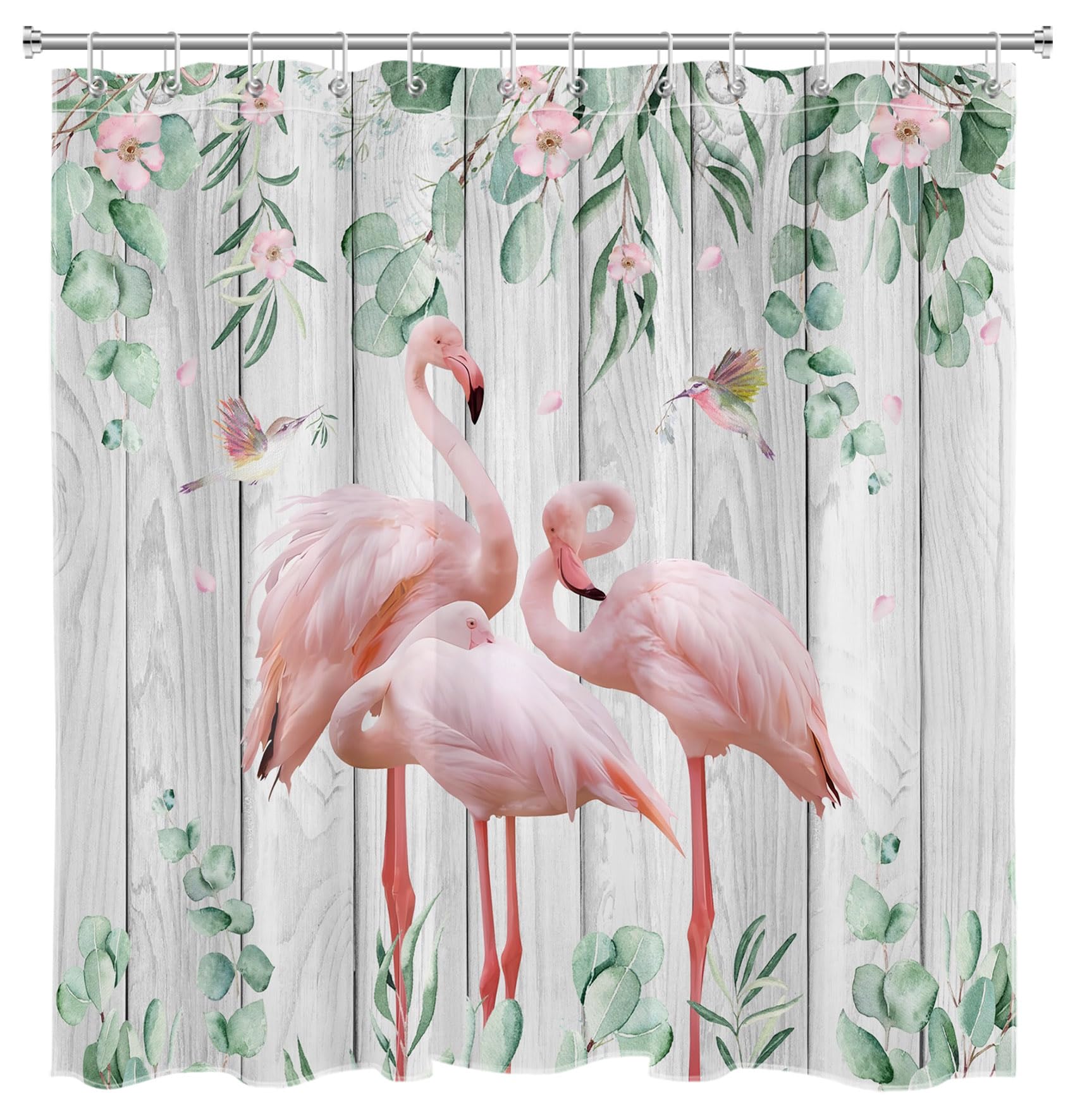 LB Flamingo Plant Shower Curtain Pink Flamingo Floral with Eucalyptus Leaves on Grey Board Shower Curtain Hummingbird Bathroom Decor with Hooks 78Lx72W Inch Waterproof Polyester Bath Curtain