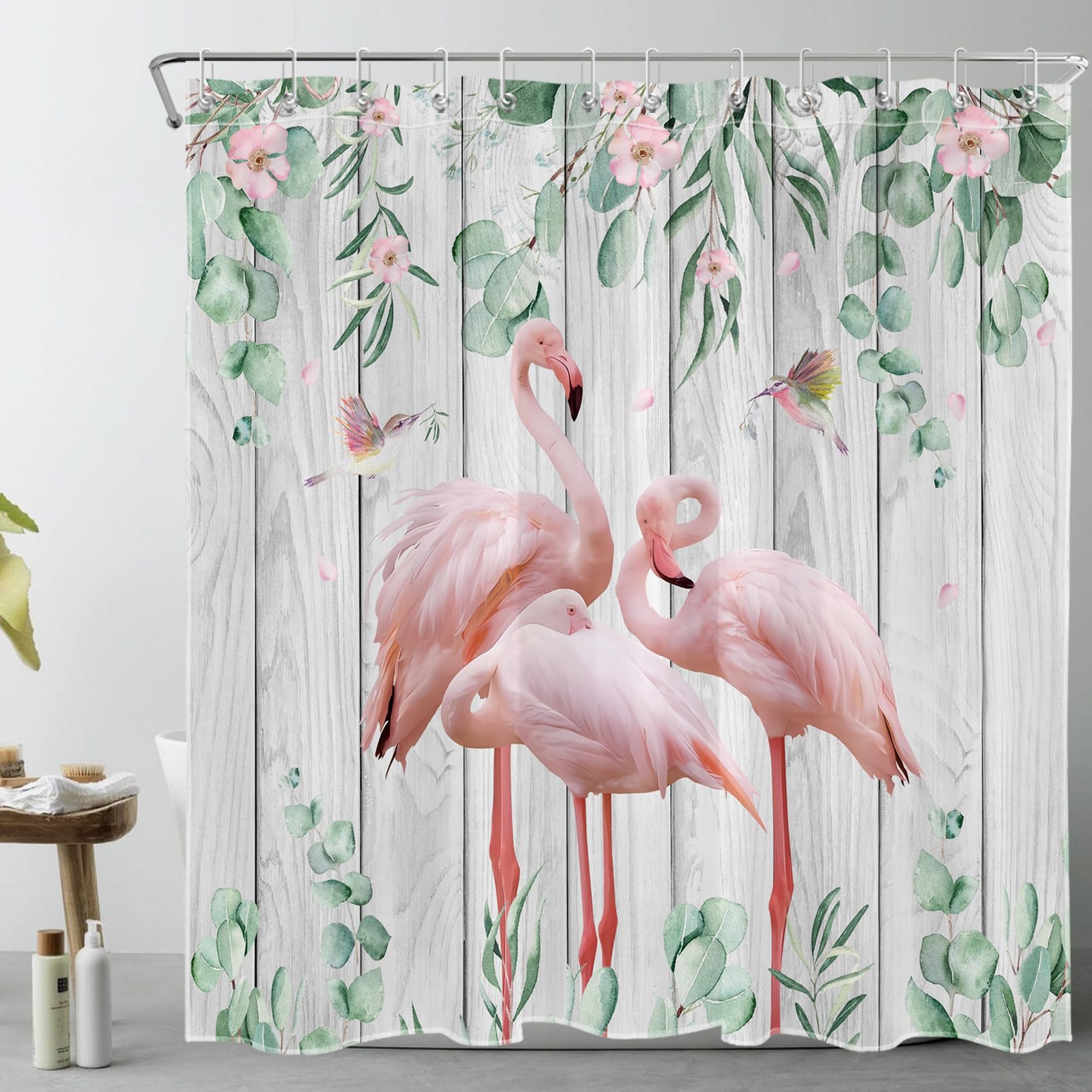 LB Flamingo Plant Shower Curtain Pink Flamingo Floral with Eucalyptus Leaves on Grey Board Shower Curtain Hummingbird Bathroom Decor with Hooks 78Lx72W Inch Waterproof Polyester Bath Curtain