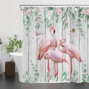 LB Flamingo Plant Shower Curtain Pink Flamingo Floral with Eucalyptus Leaves on Grey Board Shower Curtain Hummingbird Bathroom Decor with Hooks 78Lx72W Inch Waterproof Polyester Bath Curtain