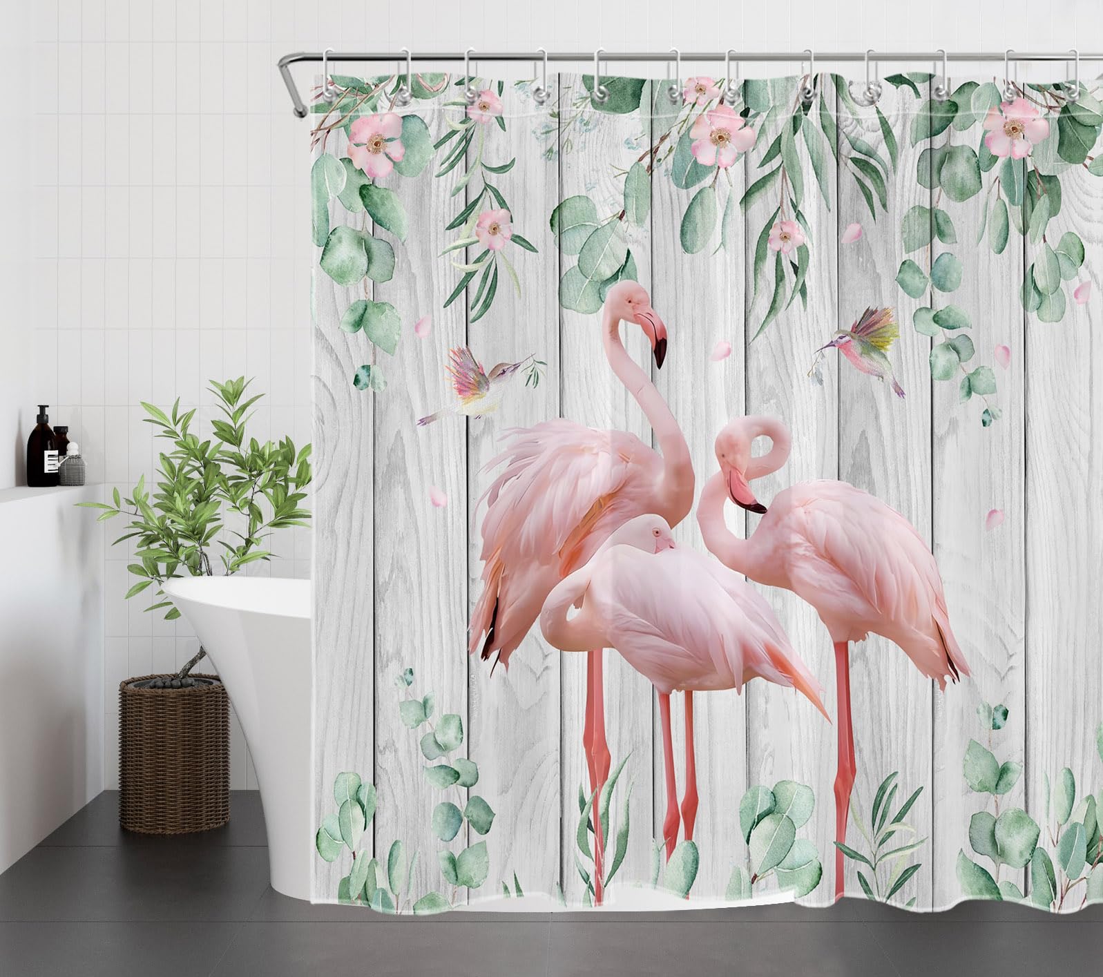 LB Flamingo Plant Shower Curtain Pink Flamingo Floral with Eucalyptus Leaves on Grey Board Shower Curtain Hummingbird Bathroom Decor with Hooks 78Lx72W Inch Waterproof Polyester Bath Curtain