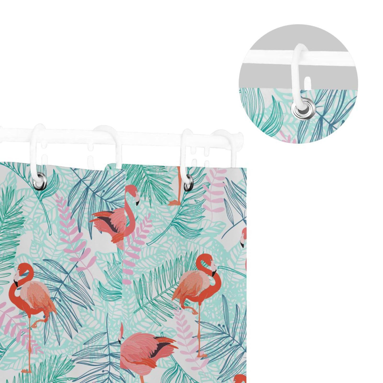 Burbuja Shower Curtain for Bathroom, Leaves and Flamingo Waterproof Washable Shower Bath Curtain for Home Hotels with 12 Hooks, 60x72 in