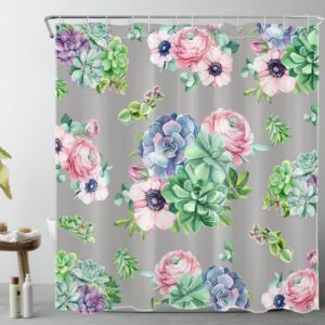 lb pink floral shower curtain for bathroom, western watercolor green succulent plant on grey fabric shower curtain with hooks, vintage botanical bathroom curtain shower set, 72" w x 72" l