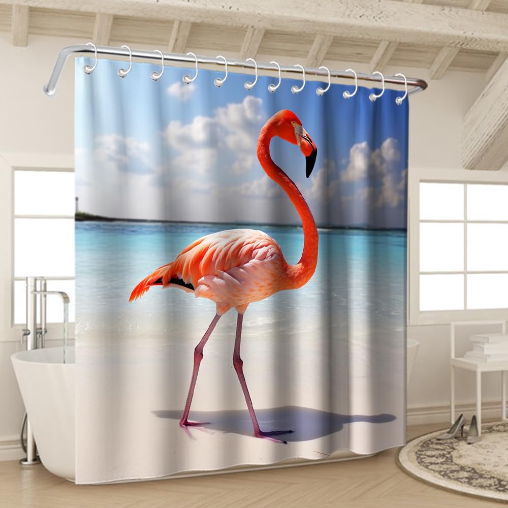 OTRANTO Beach Shower Curtain Blue Teal Sea Pink Flamingo Bath Curtain Tropical Theme Pink Blue Bathroom Decor Set Machine Washable Waterproof Fabric 72 x 72 Include Hooks