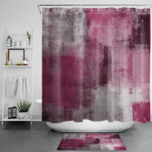 LB Pink and Grey Shower Curtain Sets with Rugs Country Retro Abstract Texture Geometric Pattern Fabric Shower Curtain with Hooks Modern Watercolor Bathroom Curtains Shower Set, 70x70 inches