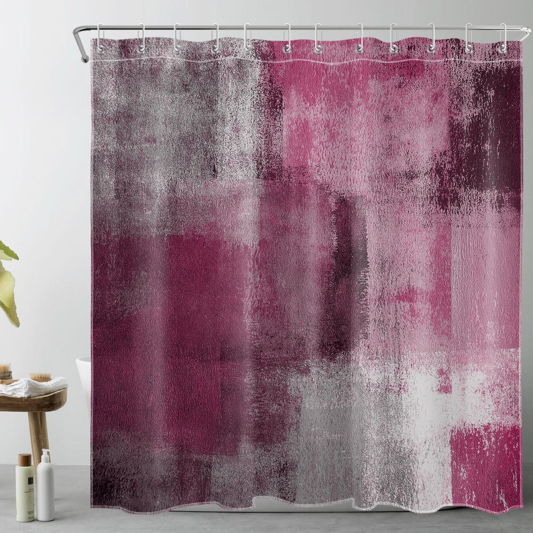 LB Pink and Grey Shower Curtain Sets with Rugs Country Retro Abstract Texture Geometric Pattern Fabric Shower Curtain with Hooks Modern Watercolor Bathroom Curtains Shower Set, 70x70 inches