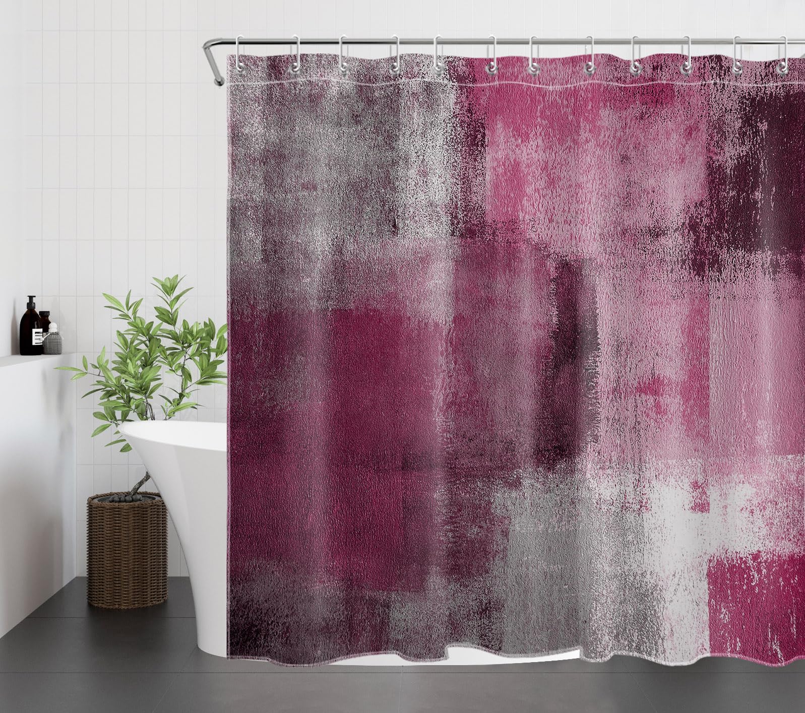 LB Pink and Grey Shower Curtain Sets with Rugs Country Retro Abstract Texture Geometric Pattern Fabric Shower Curtain with Hooks Modern Watercolor Bathroom Curtains Shower Set, 70x70 inches