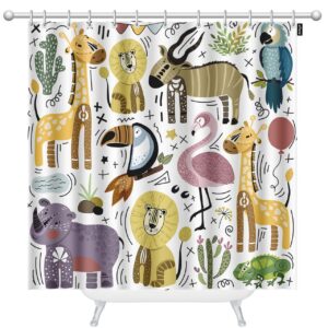 ofloral cute stylized animals x-long shower curtains for bathroom sets chameleon flamingo giraffe book lion lizard rhino polyester shower curtain with hooks 72 x 84 inch