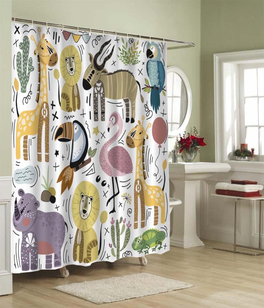 oFloral Cute Stylized Animals X-Long Shower Curtains for Bathroom Sets Chameleon Flamingo Giraffe Book Lion Lizard Rhino Polyester Shower Curtain with Hooks 72 x 84 Inch