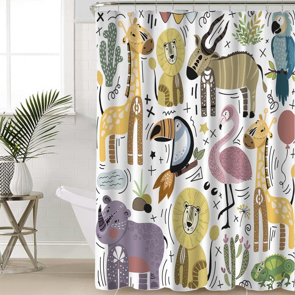 oFloral Cute Stylized Animals X-Long Shower Curtains for Bathroom Sets Chameleon Flamingo Giraffe Book Lion Lizard Rhino Polyester Shower Curtain with Hooks 72 x 84 Inch