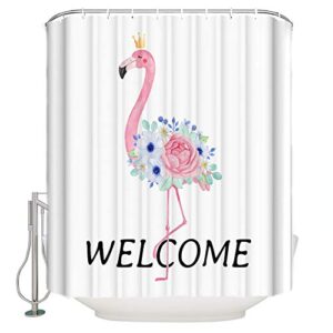 shower curtain, summer theme pink flamingo with rose washable shower curtain with hooks bath decor fabric shower curtains for bathroom, hotel, stalls, bathtubs, 72x78 in