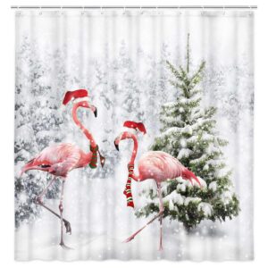 pink christmas flamingo shower curtain, tropical beach themed funny xmas new year holiday winter farmhouse snowflake cloth shower curtains, pine tree snow bathroom accessories with hooks, 72x72in