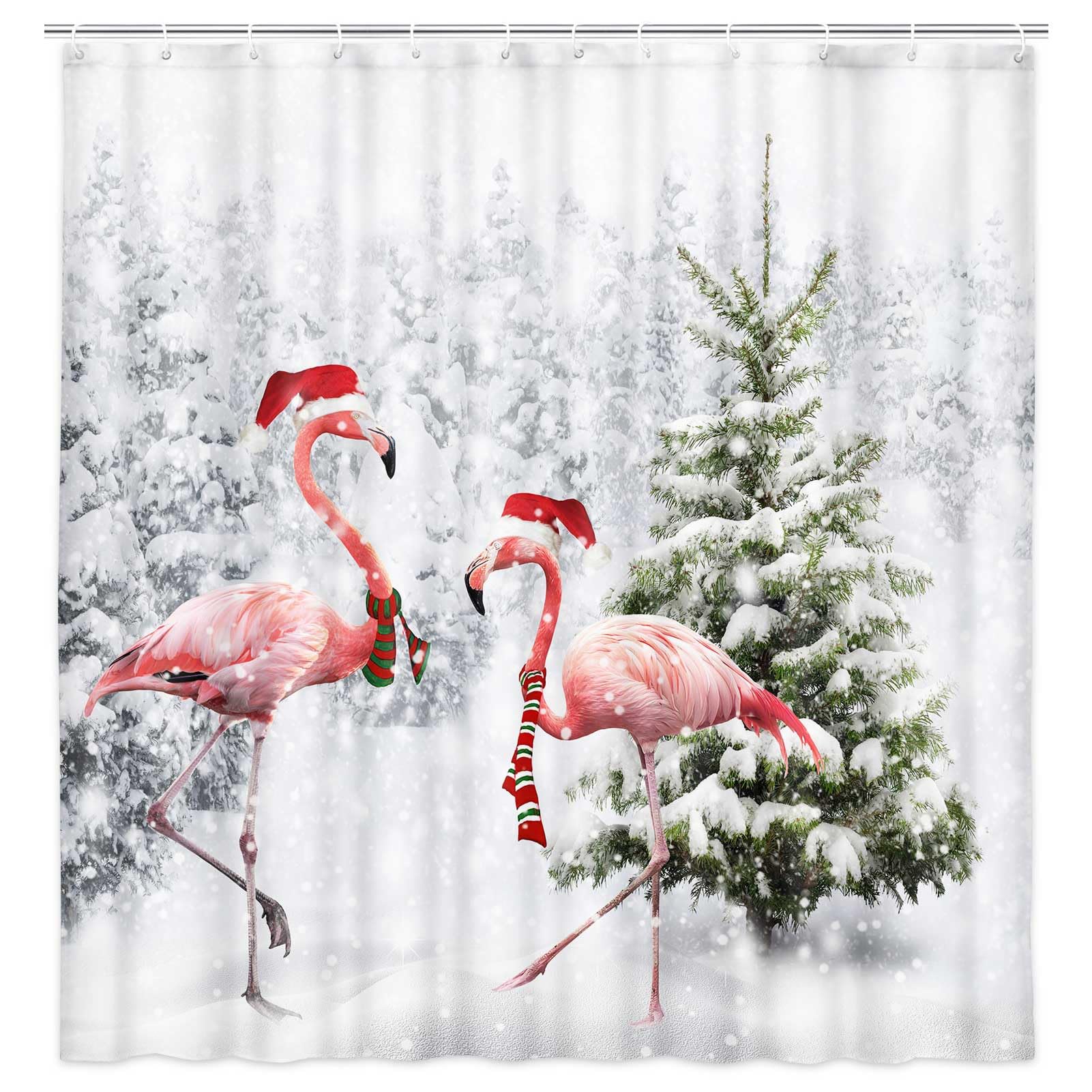 Pink Christmas Flamingo Shower Curtain, Tropical Beach Themed Funny Xmas New Year Holiday Winter Farmhouse Snowflake Cloth Shower Curtains, Pine Tree Snow Bathroom Accessories with Hooks, 72X72in