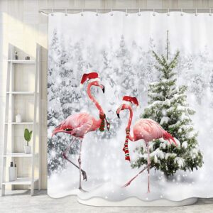 Pink Christmas Flamingo Shower Curtain, Tropical Beach Themed Funny Xmas New Year Holiday Winter Farmhouse Snowflake Cloth Shower Curtains, Pine Tree Snow Bathroom Accessories with Hooks, 72X72in