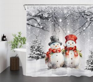 lb christmas snowman shower curtain winter scene cute snowman with pine tree covered snow bathroom shower curtain snowflake bathroom decor with hooks 72lx72w inch waterproof polyester bath curtain