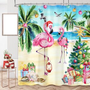 christmas flamingo shower curtain, pink tropical beach themed funny xmas hat new year holiday fabric bath curtains, winter palm leaves bathroom bathtubs decor with hooks