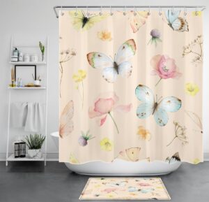 lb watercolor butterfly shower curtain sets with rugs nature pink yellow wildflower on beige fabric shower curtain with hooks country vintage botanical bathroom curtains shower set, 70x70 inches