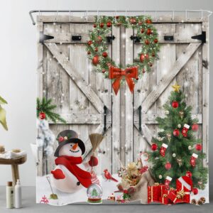 meunear farmhouse christmas shower curtain set snowman and pine tree with red xmas ball cardinals on barn door shower curtain for bathroom, winter snowflake shower curtain with hooks, 72l x 72w inches