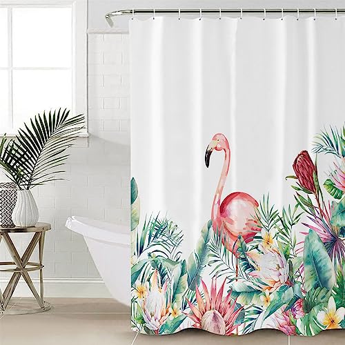 PIEPLE Pink Flamingo Shower Curtain, Waterproof Washable Boho Funny Cute Shower Curtains Set for Bathroom Bathtubs Curtains Decor Set, 36" Wx72 L with Hooks Green Summer Botanical Pastoral Floral