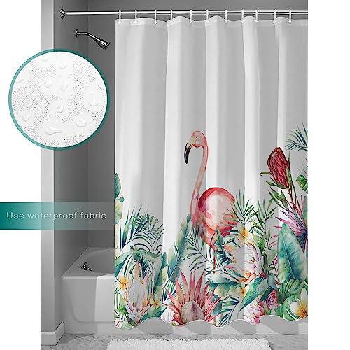 PIEPLE Pink Flamingo Shower Curtain, Waterproof Washable Boho Funny Cute Shower Curtains Set for Bathroom Bathtubs Curtains Decor Set, 36" Wx72 L with Hooks Green Summer Botanical Pastoral Floral