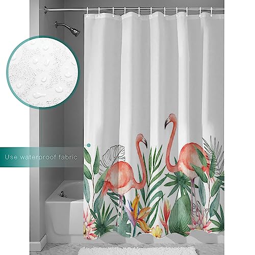 Red Flamingo Shower Curtain, Waterproof Washable Boho Funny Cute Shower Curtains Set for Bathroom Bathtubs Curtains Decor Set, 72" Wx96 L with Hooks Summer Tropical Plants Pastoral Botanical