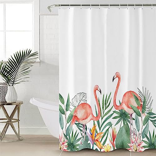 Red Flamingo Shower Curtain, Waterproof Washable Boho Funny Cute Shower Curtains Set for Bathroom Bathtubs Curtains Decor Set, 72" Wx96 L with Hooks Summer Tropical Plants Pastoral Botanical