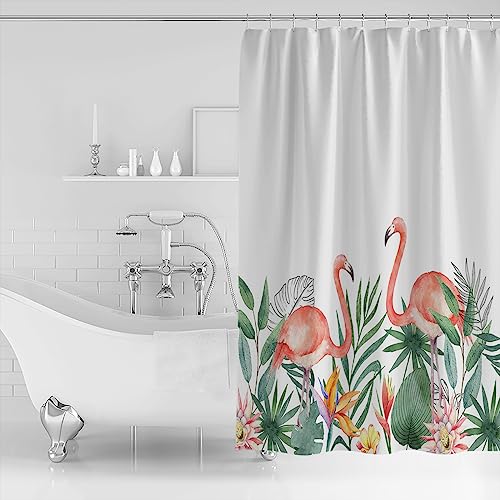 Red Flamingo Shower Curtain, Waterproof Washable Boho Funny Cute Shower Curtains Set for Bathroom Bathtubs Curtains Decor Set, 72" Wx96 L with Hooks Summer Tropical Plants Pastoral Botanical