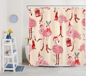 hvest christmas flamingo shower curtain, pink flamingo with xmas hat and stocking on beige background shower curtain for bathroom, animal polyester fabric shower curtain with hooks, 72w x 72l inches