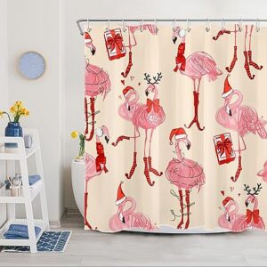 HVEST Christmas Flamingo Shower Curtain, Pink Flamingo with Xmas Hat and Stocking on Beige Background Shower Curtain for Bathroom, Animal Polyester Fabric Shower Curtain with Hooks, 72W x 72L Inches