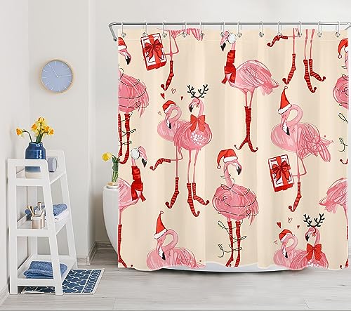 HVEST Christmas Flamingo Shower Curtain, Pink Flamingo with Xmas Hat and Stocking on Beige Background Shower Curtain for Bathroom, Animal Polyester Fabric Shower Curtain with Hooks, 72W x 72L Inches