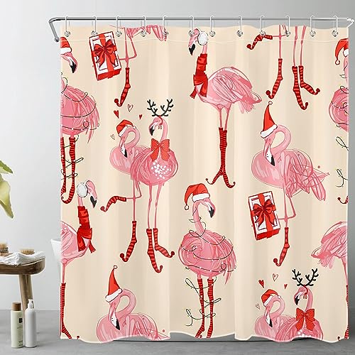 HVEST Christmas Flamingo Shower Curtain, Pink Flamingo with Xmas Hat and Stocking on Beige Background Shower Curtain for Bathroom, Animal Polyester Fabric Shower Curtain with Hooks, 72W x 72L Inches