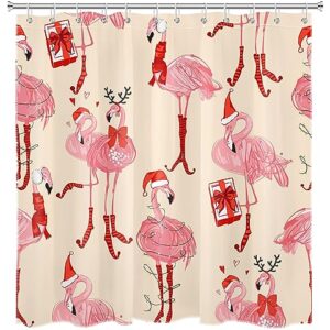 HVEST Christmas Flamingo Shower Curtain, Pink Flamingo with Xmas Hat and Stocking on Beige Background Shower Curtain for Bathroom, Animal Polyester Fabric Shower Curtain with Hooks, 72W x 72L Inches