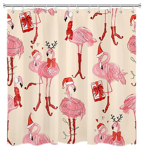 HVEST Christmas Flamingo Shower Curtain, Pink Flamingo with Xmas Hat and Stocking on Beige Background Shower Curtain for Bathroom, Animal Polyester Fabric Shower Curtain with Hooks, 72W x 72L Inches