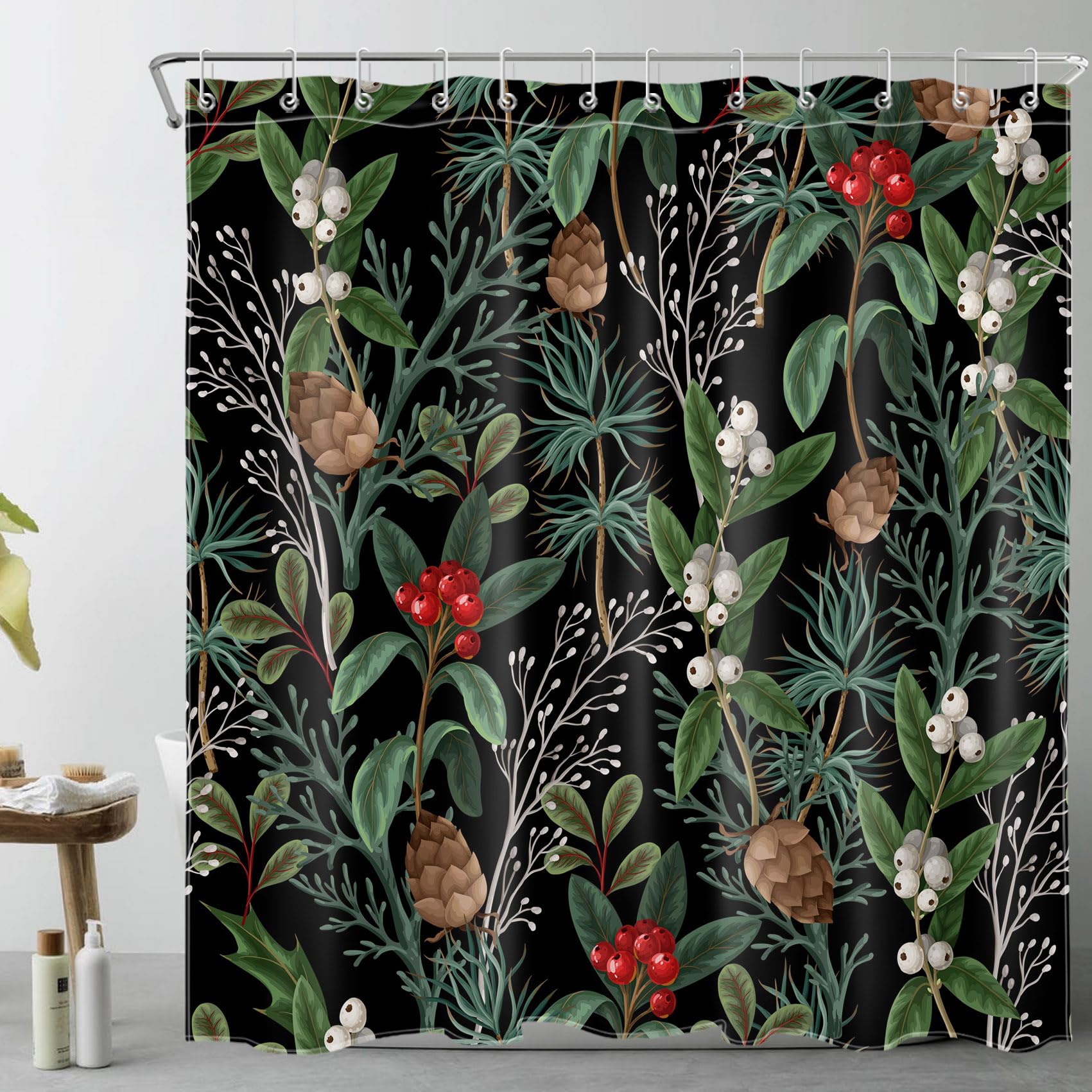 LB Black Christmas Shower Curtain Decor, Red Berries and Pine Cone Green Botanical Shower Curtain for Bathroom 72" W x 78" L Polyester Fabric Bathroom Decoration Bath Curtains Hooks Included