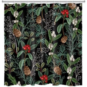 LB Black Christmas Shower Curtain Decor, Red Berries and Pine Cone Green Botanical Shower Curtain for Bathroom 72" W x 78" L Polyester Fabric Bathroom Decoration Bath Curtains Hooks Included