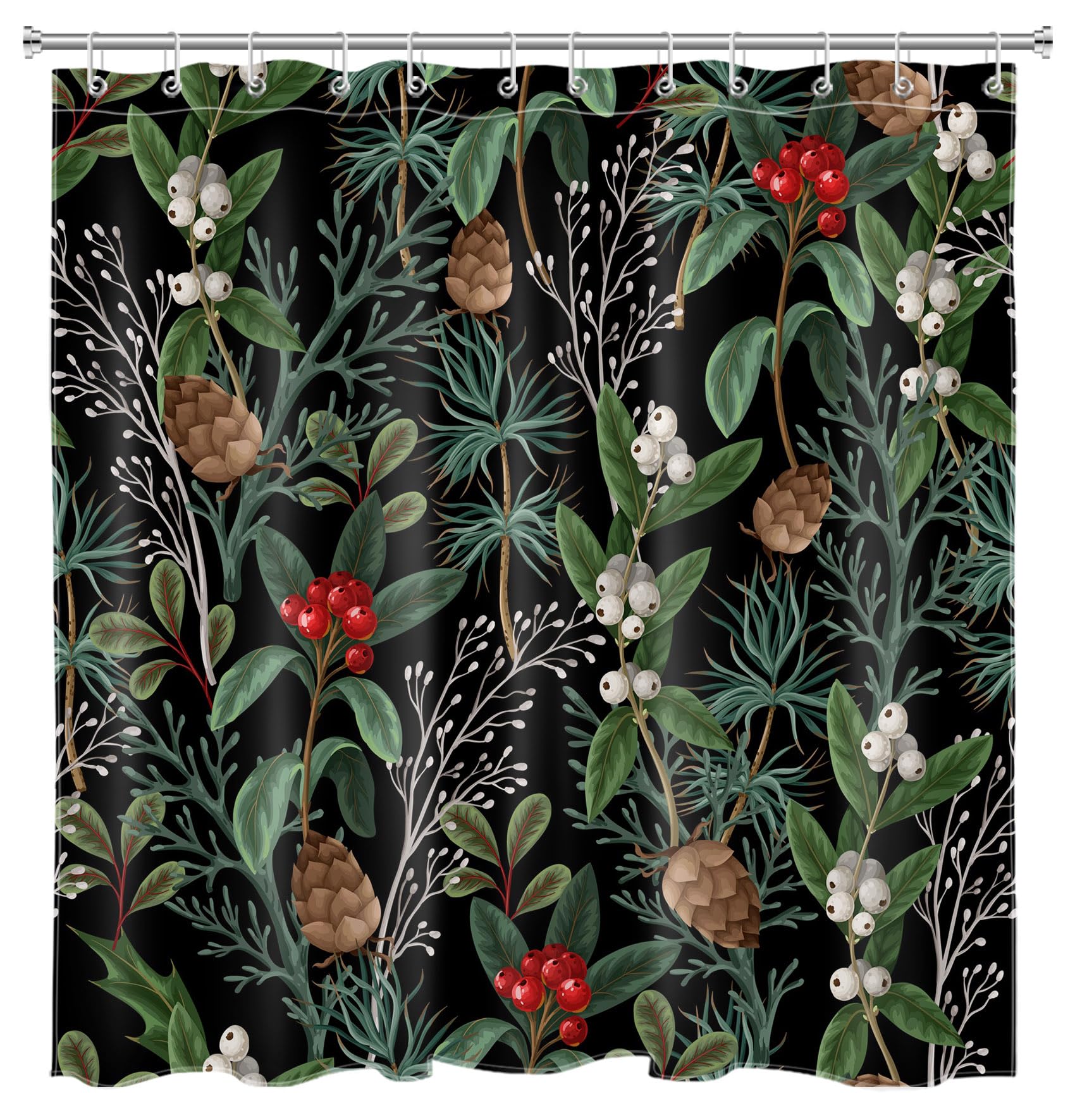 LB Black Christmas Shower Curtain Decor, Red Berries and Pine Cone Green Botanical Shower Curtain for Bathroom 72" W x 78" L Polyester Fabric Bathroom Decoration Bath Curtains Hooks Included