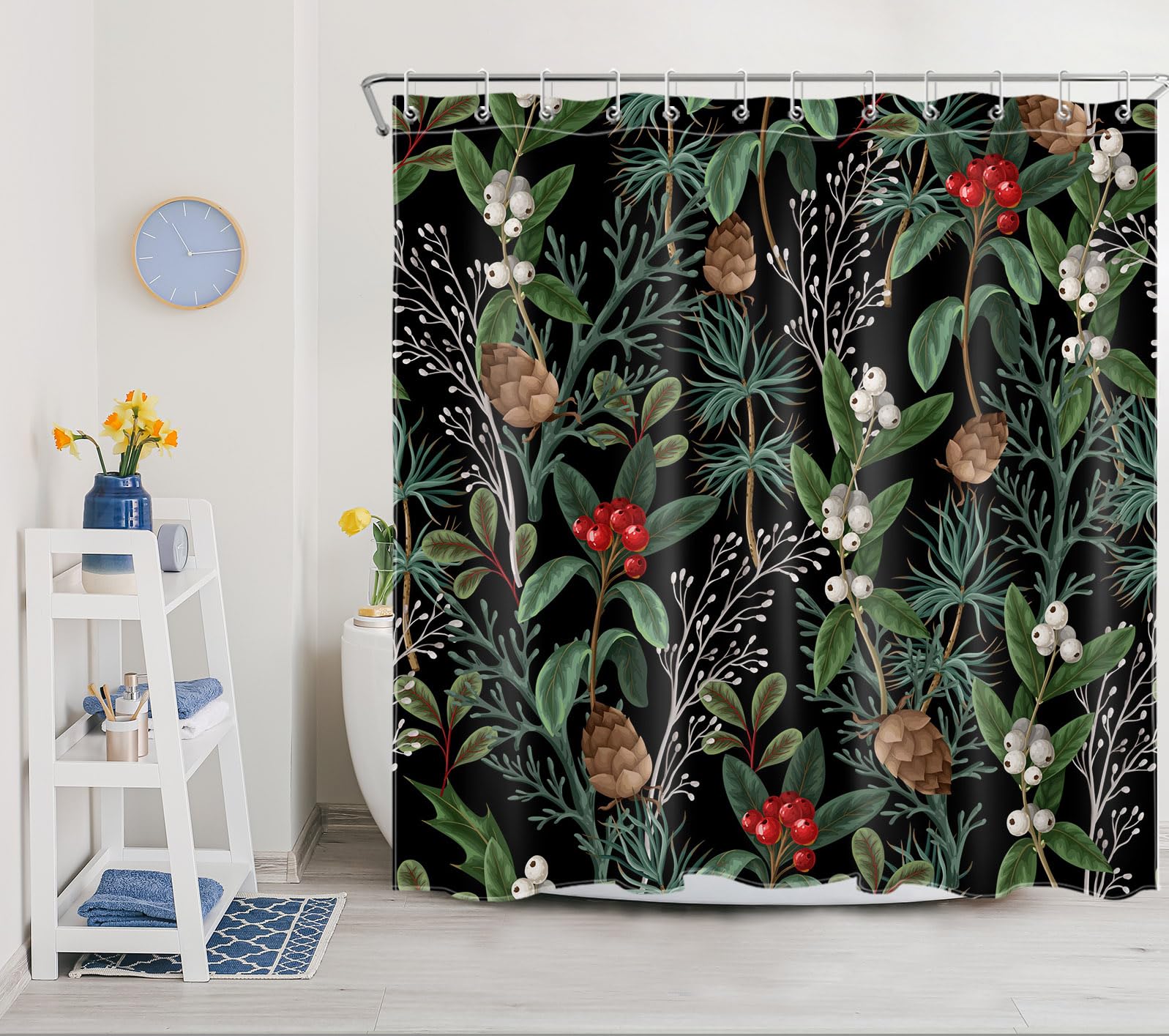 LB Black Christmas Shower Curtain Decor, Red Berries and Pine Cone Green Botanical Shower Curtain for Bathroom 72" W x 78" L Polyester Fabric Bathroom Decoration Bath Curtains Hooks Included