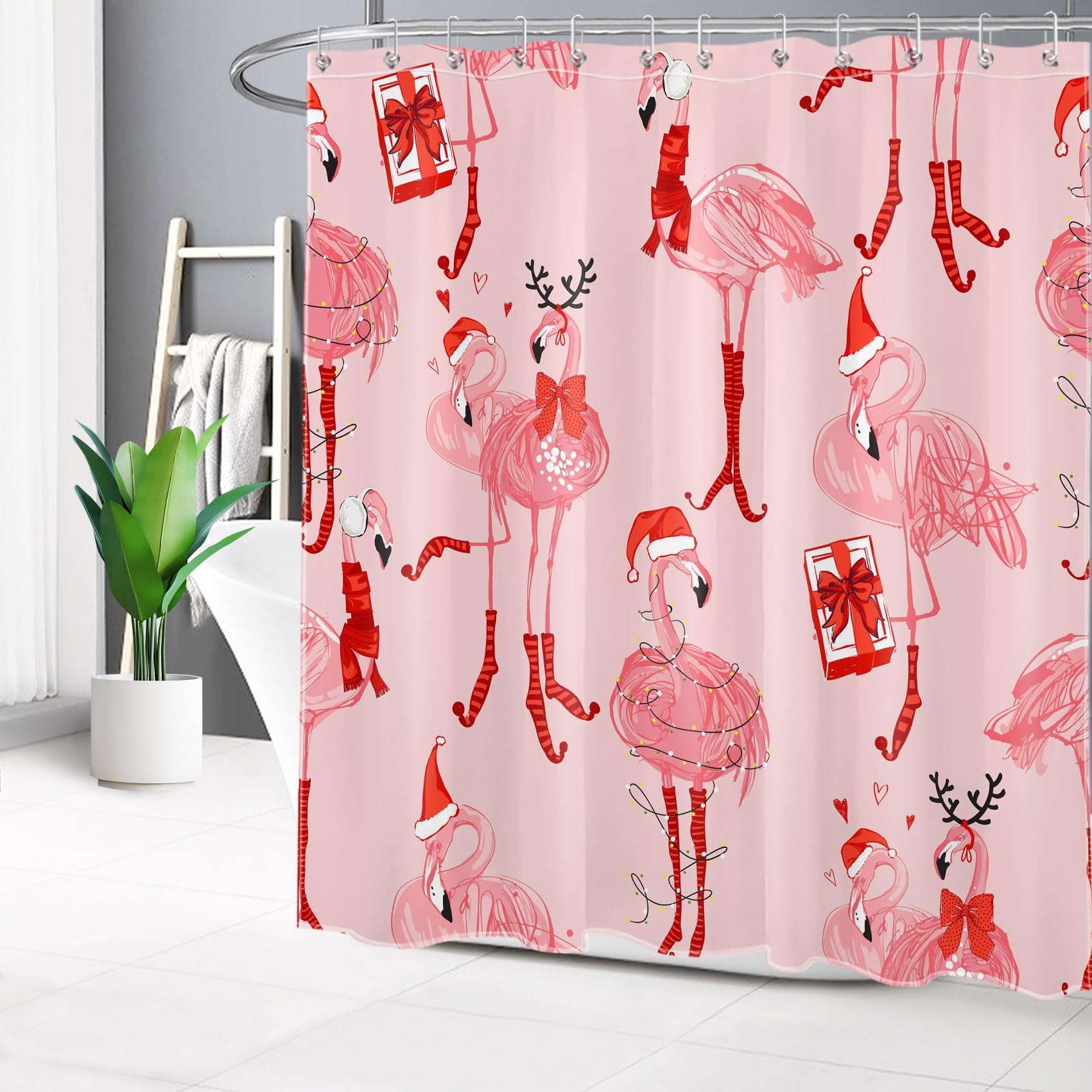 HVEST Christmas Flamingo Shower Curtain, Pink Flamingo with Xmas Hat and Stocking on Pink Background Shower Curtain for Bathroom, Fabric Shower Curtain with Hooks, 72W x 78L Inches