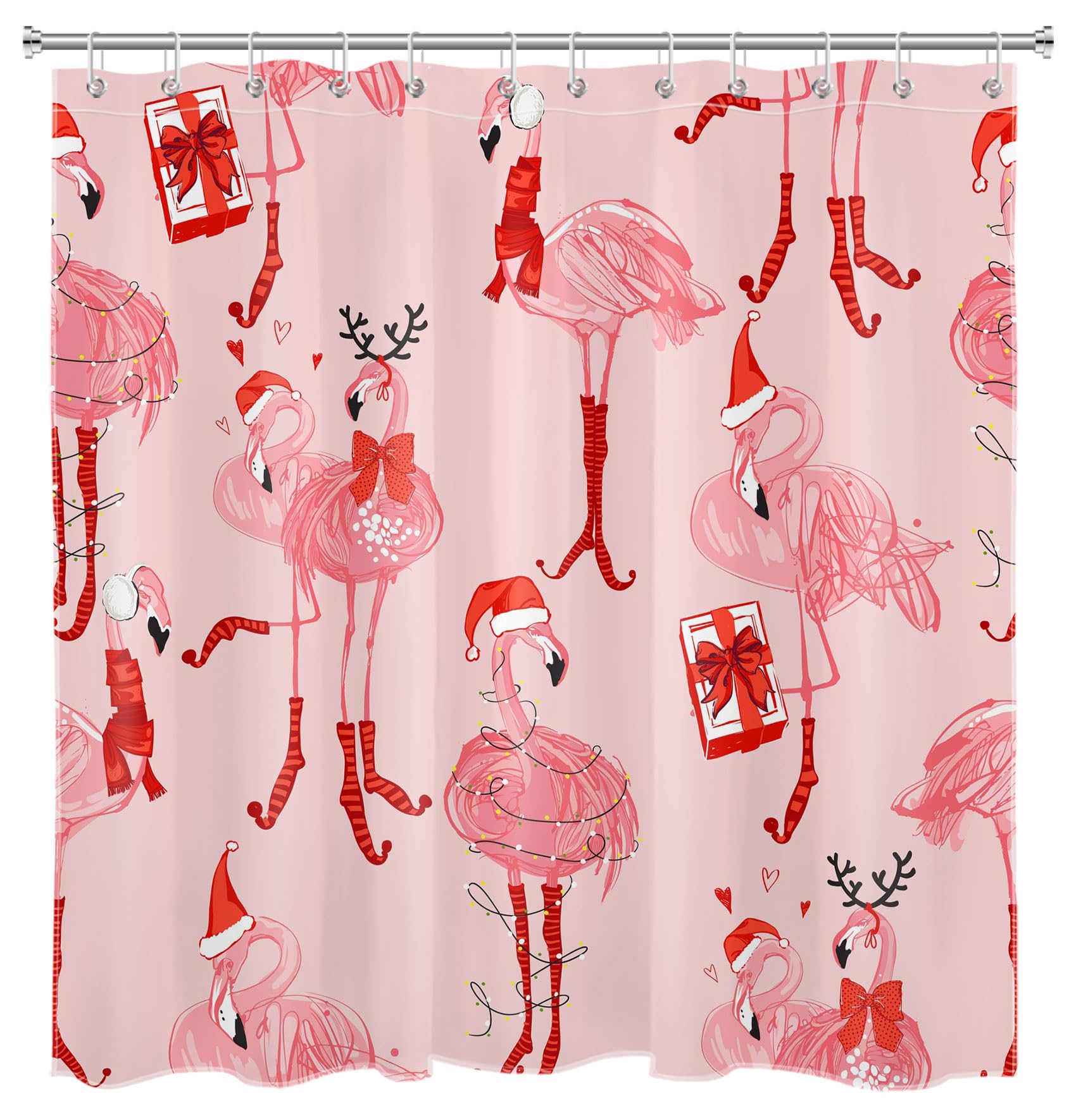 HVEST Christmas Flamingo Shower Curtain, Pink Flamingo with Xmas Hat and Stocking on Pink Background Shower Curtain for Bathroom, Fabric Shower Curtain with Hooks, 72W x 78L Inches