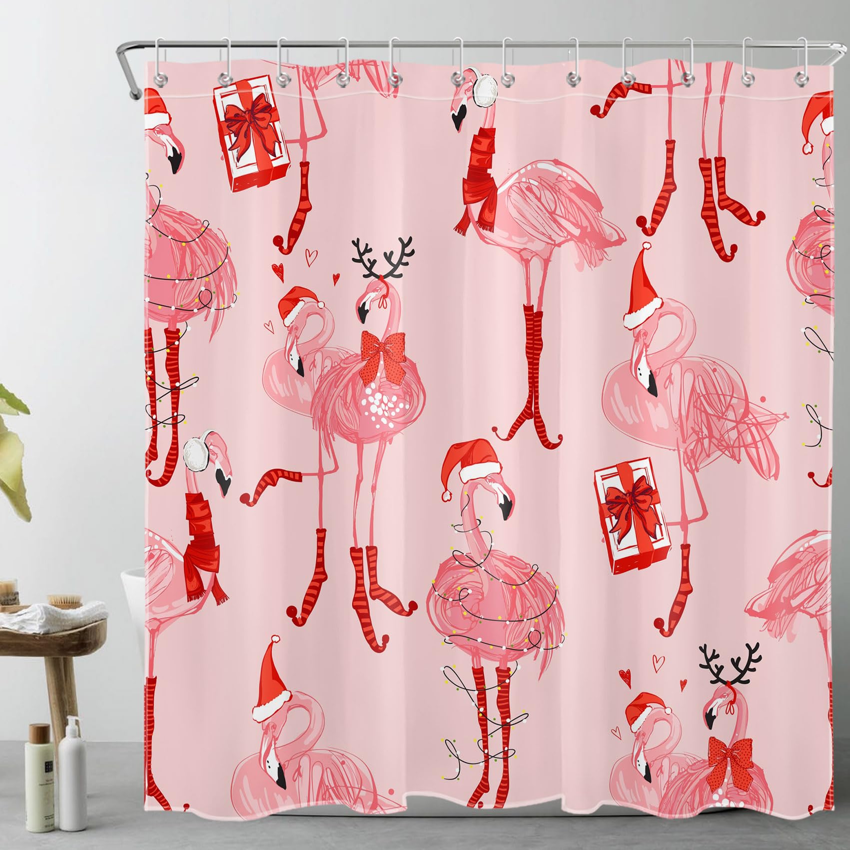 HVEST Christmas Flamingo Shower Curtain, Pink Flamingo with Xmas Hat and Stocking on Pink Background Shower Curtain for Bathroom, Fabric Shower Curtain with Hooks, 72W x 78L Inches