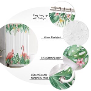 Tropical Shower Curtain, Waterproof Washable Boho Funny Cute Shower Curtains Set for Bathroom Bathtubs Curtains Decor Set 36" Wx78 L with Hooks Summer Flamingos Palm Tree Leaves Green Plants