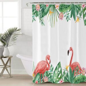 Tropical Shower Curtain, Waterproof Washable Boho Funny Cute Shower Curtains Set for Bathroom Bathtubs Curtains Decor Set 36" Wx78 L with Hooks Summer Flamingos Palm Tree Leaves Green Plants