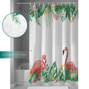 Tropical Shower Curtain, Waterproof Washable Boho Funny Cute Shower Curtains Set for Bathroom Bathtubs Curtains Decor Set 36" Wx78 L with Hooks Summer Flamingos Palm Tree Leaves Green Plants