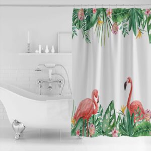 Tropical Shower Curtain, Waterproof Washable Boho Funny Cute Shower Curtains Set for Bathroom Bathtubs Curtains Decor Set 36" Wx78 L with Hooks Summer Flamingos Palm Tree Leaves Green Plants