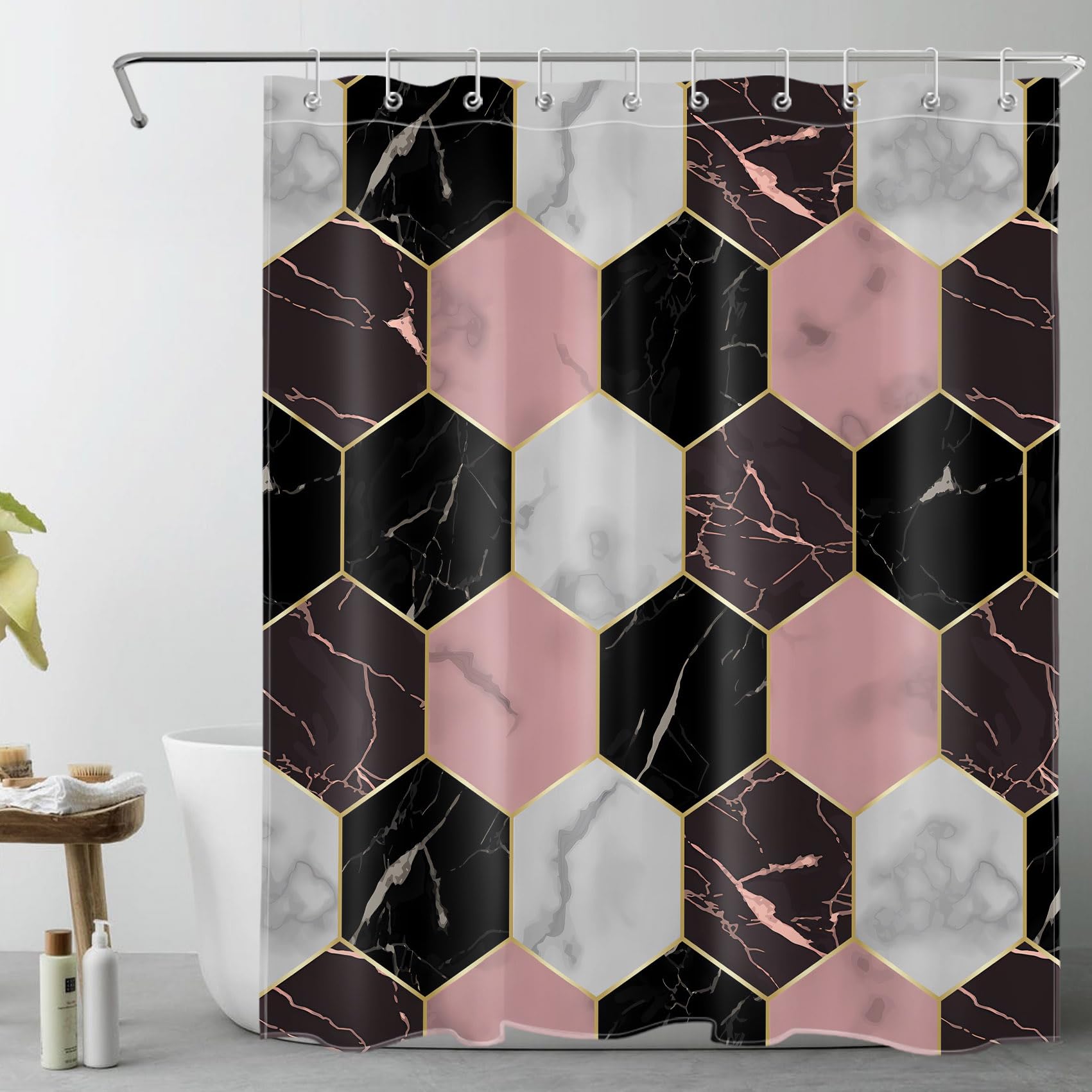 LB Pink and Black Geometric Marble Shower Curtain for Bathroom, Black and Gold Hexagon Pattern Pink and Grey Fabric Shower Curtain with Hooks, Modern Abstract Bathroom Curtain Shower Set, 60"W x 72"L