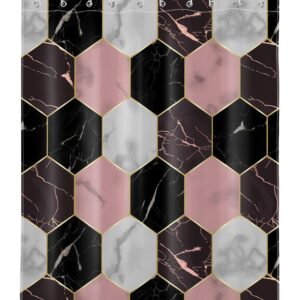 LB Pink and Black Geometric Marble Shower Curtain for Bathroom, Black and Gold Hexagon Pattern Pink and Grey Fabric Shower Curtain with Hooks, Modern Abstract Bathroom Curtain Shower Set, 60"W x 72"L